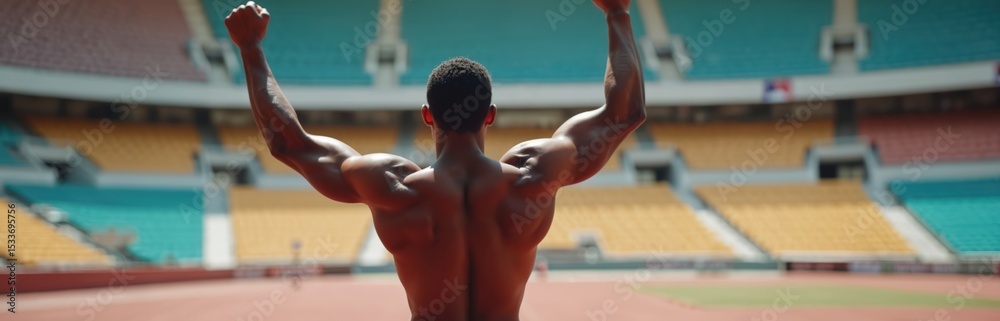 African American male athlete celebrates victory on track field with ...