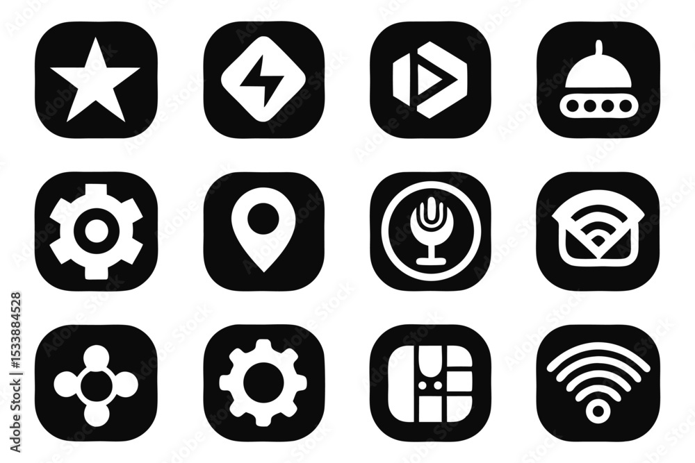Collection of black and white rounded square icons for modern ...