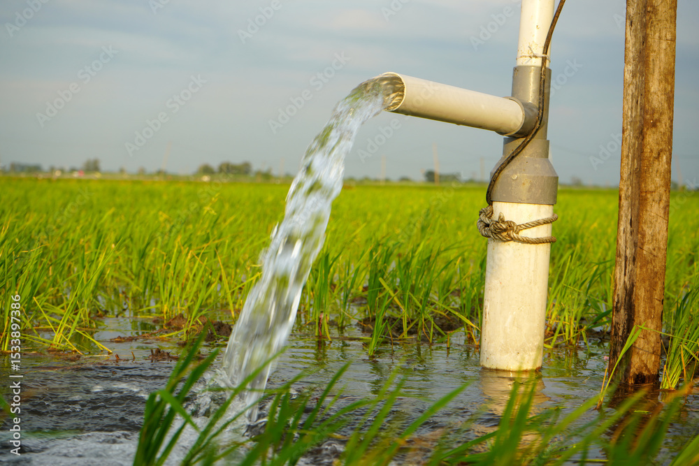 Fotografie Irrigation of rice fields using pump wells with the ...