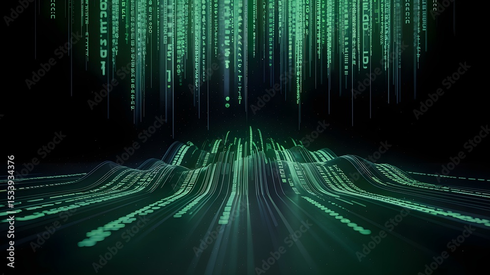 Abstract Digital Landscape with Green Code Waterfall, Representing Data Flow, Technology, and ...