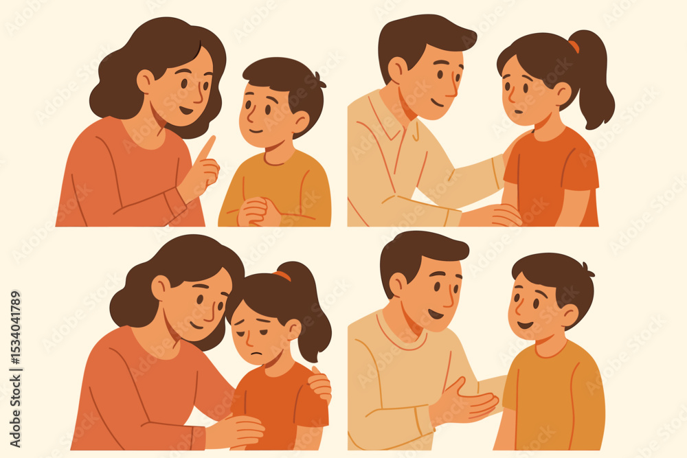 Parents communicating with children vector set. Mother and father ...