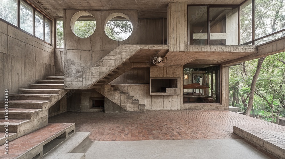 Brutalist concrete house interior with open staircases, circular ...