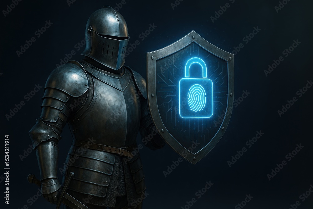 Medieval knight in polished steel armor holding large shield with ...