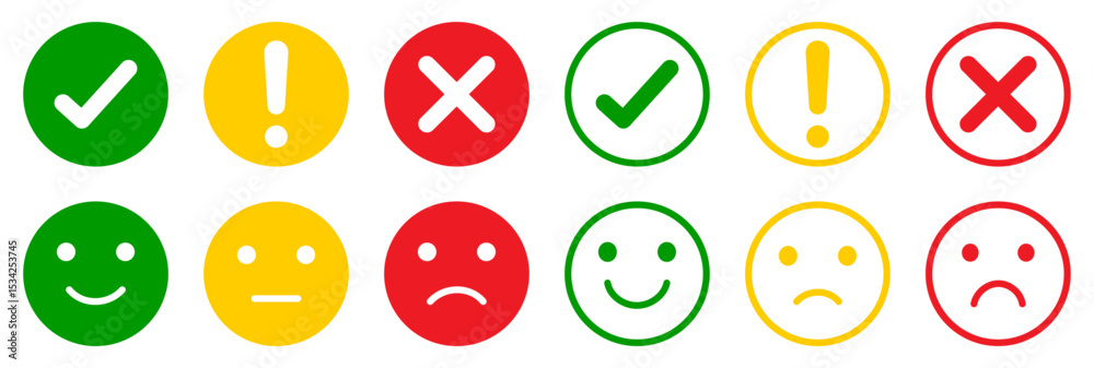 Set of green, yellow, and red round icons showing check marks, cross ...