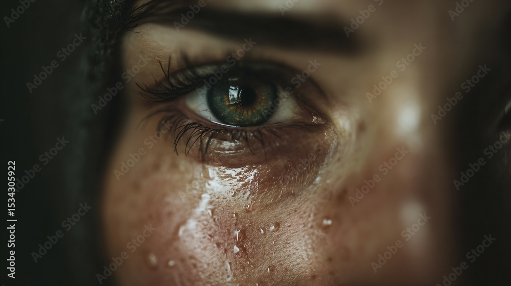 Distressed woman with teary eyes expressing deep sadness and emotional ...