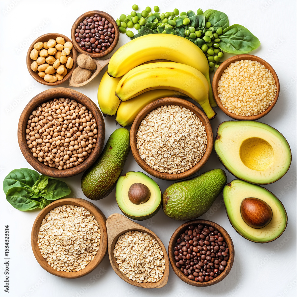Natural sources of Vitamin B complex including avocados, bananas, whole ...