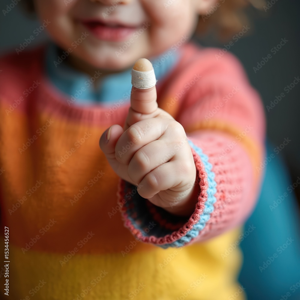 Child in colorful sweater shows bandaged finger. Injury, healing ...