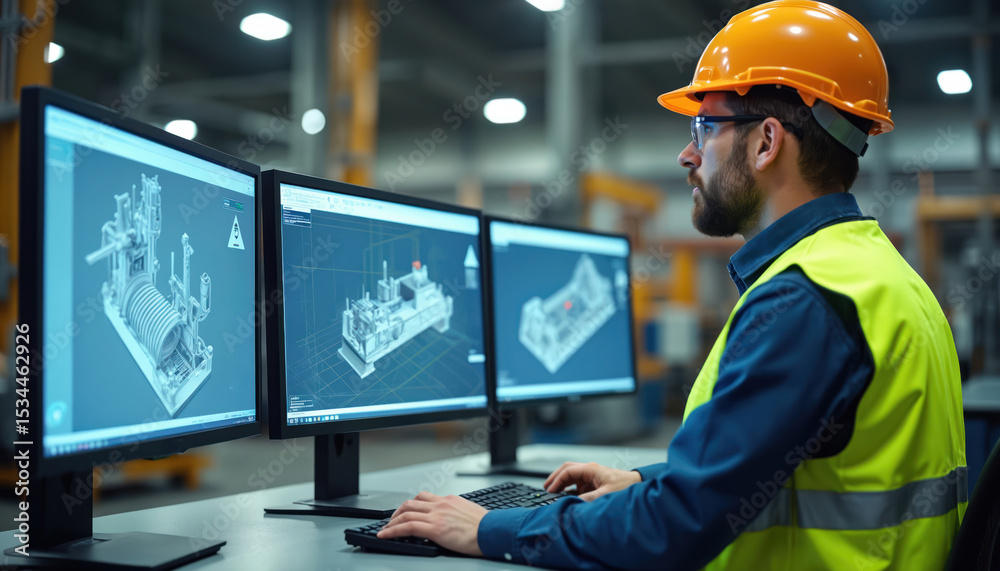 Engineer wearing safety gear analyzing 3D CAD model on computer in ...