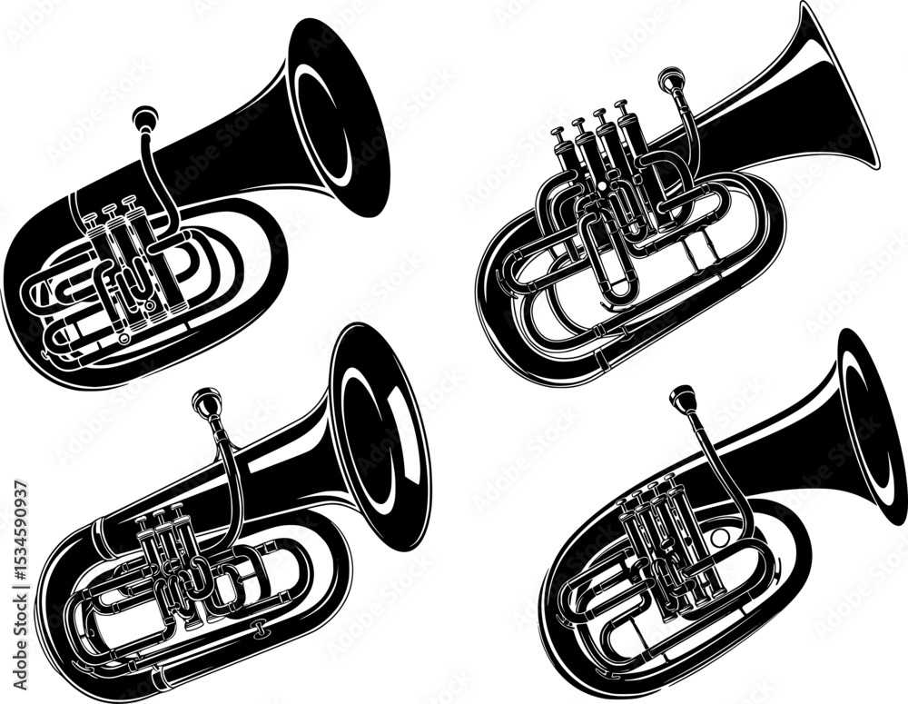 Stylized black silhouette illustration of a euphonium musical ...
