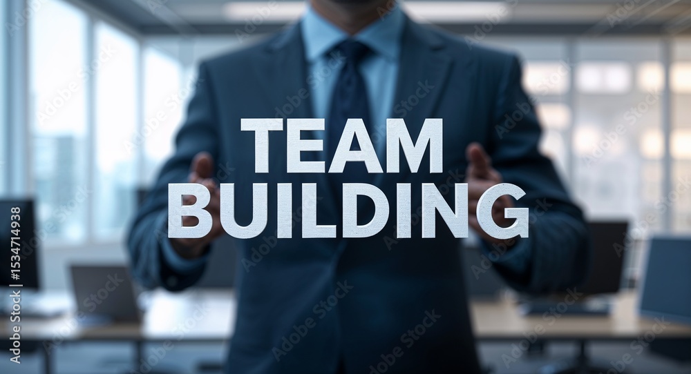 team building lettering text on blur formal work space office ...