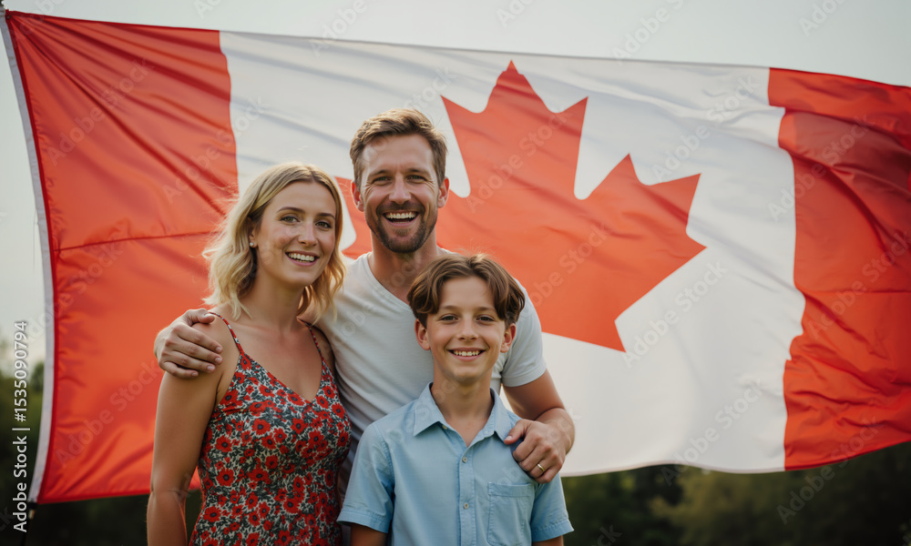 Smiling Caucasian Canadian family with son in front of national flag ...