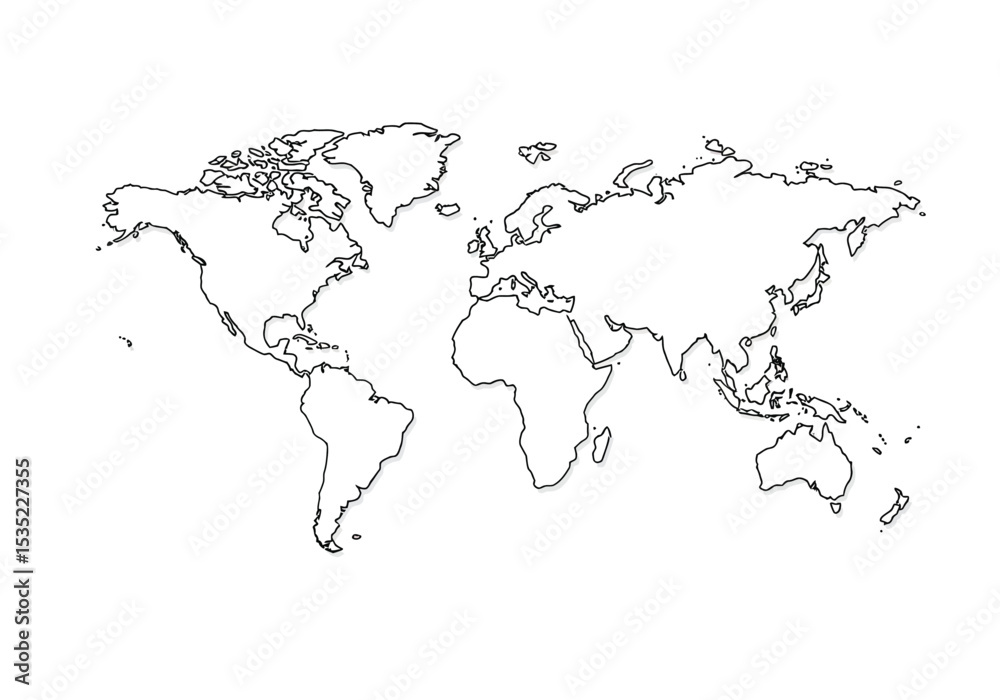 World map drawing. It is a black and white outline image of the world ...