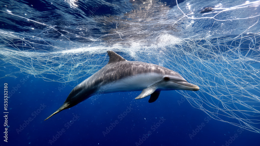 Dolphin caught in sea nets. Plastic pollution of the ocean is an ...