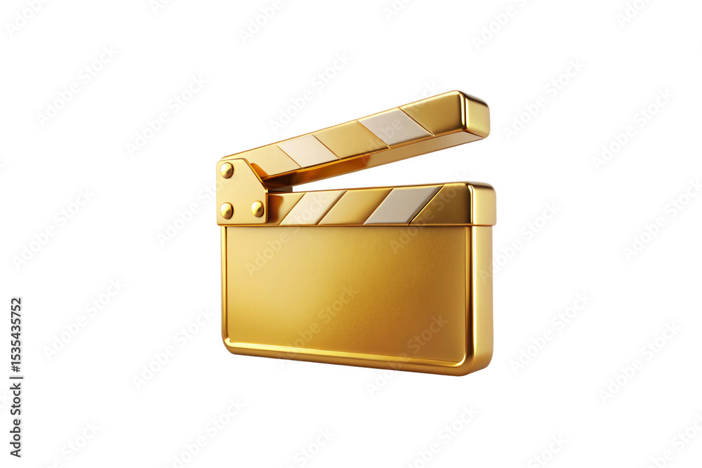 Golden movie clapperboard with diagonal black and white stripes on ...