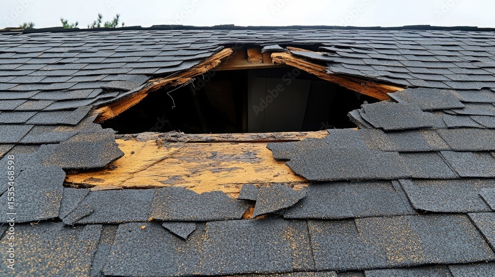 Large hole in damaged shingle roof exposing severe structural issues ...