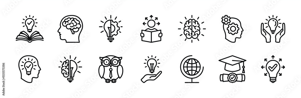Knowledge cognition icon set. Contains innovation, smart thinking ...