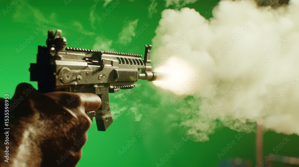 Assault Rifle Firing with Smoke and Green Screen Backdrop in Studio ...