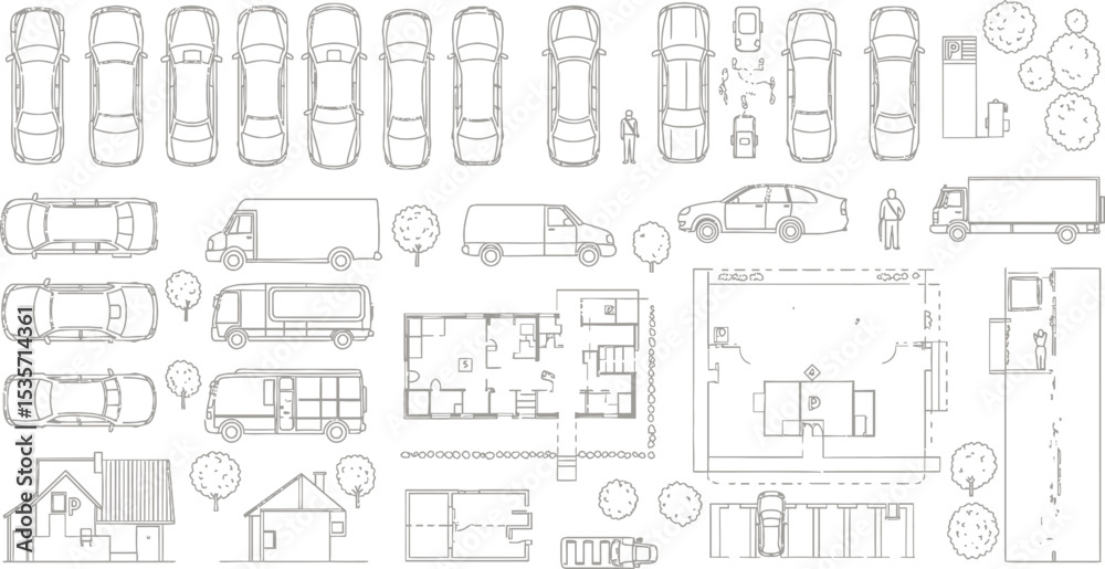 Architectural Plan of a Town Layout with Cars, Trees, Buildings, and ...