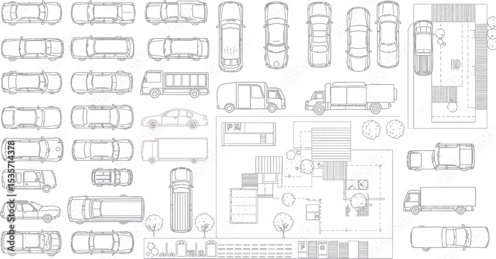 Overhead Schematic Featuring a Variety of Cars, Trucks, and Site Plans ...