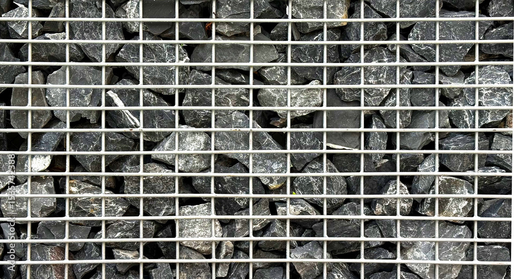 Стоковое фото «Gabion wall with steel fence texture, stone cage. Modern ...