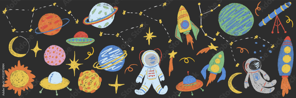 Kids chalk drawings galaxy big set. Collection freehand child baby hand ...