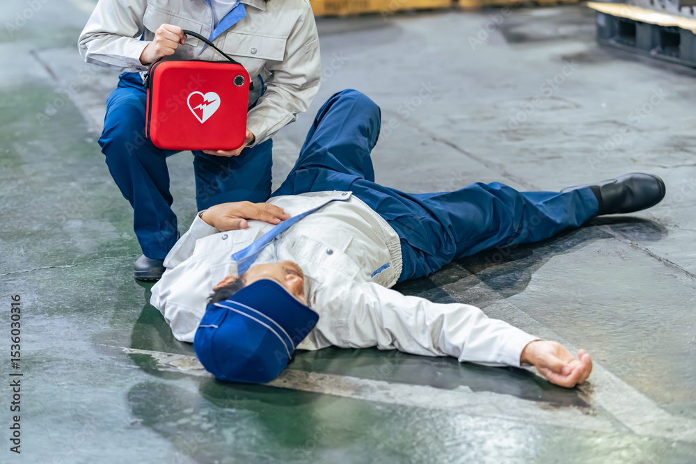 Foto de Stock AED, factory, worker, rescue, lifesaving, case, man ...