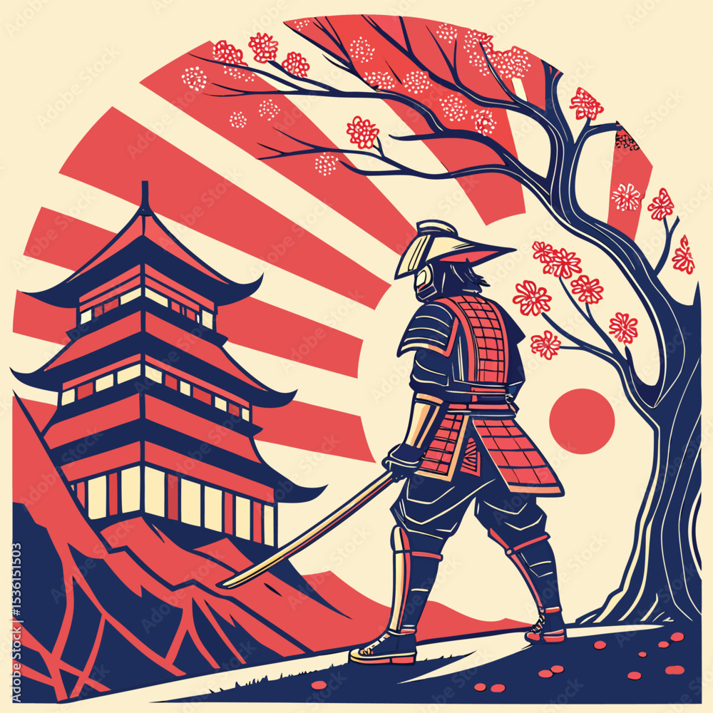 Samurai warrior with katana stands by a japanese temple cherry blossom ...