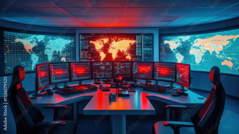 Futuristic Border Surveillance Room with Glowing Maps and Radar Symbols ...