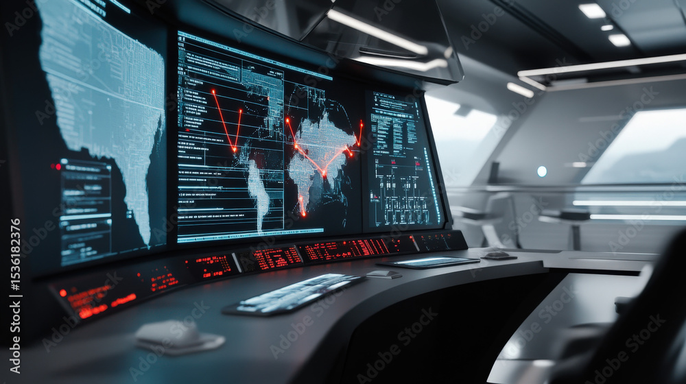 Futuristic Border Surveillance Room with Glowing Maps and Radar Symbols ...