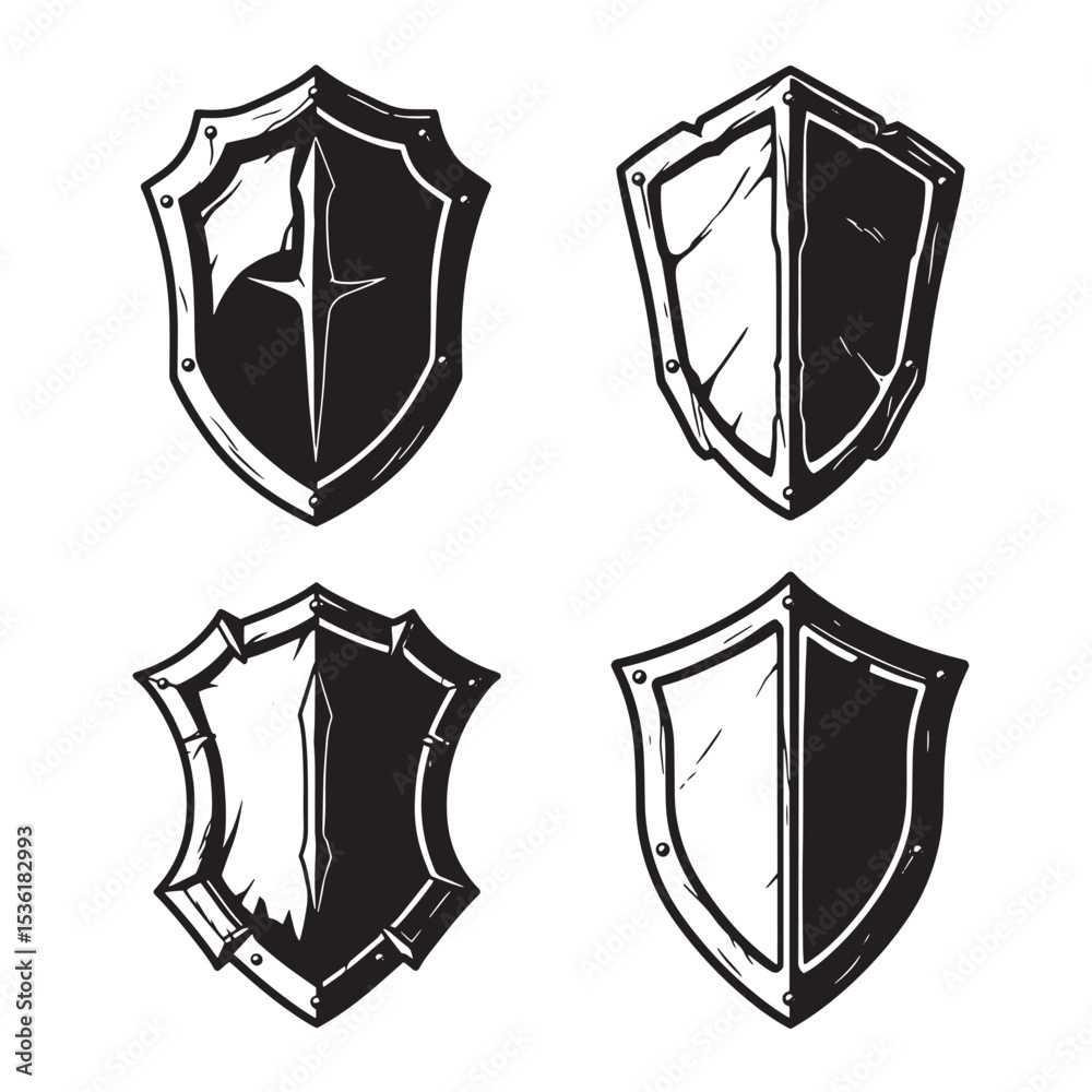 Four hand drawn shield designs in a grayscale silhouette perfect for ...