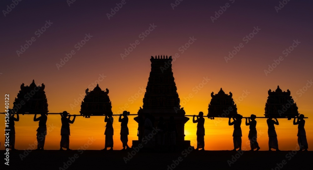 Silhouette of devotee of Lord Murugan carrying kavadi at sunset, warm ...