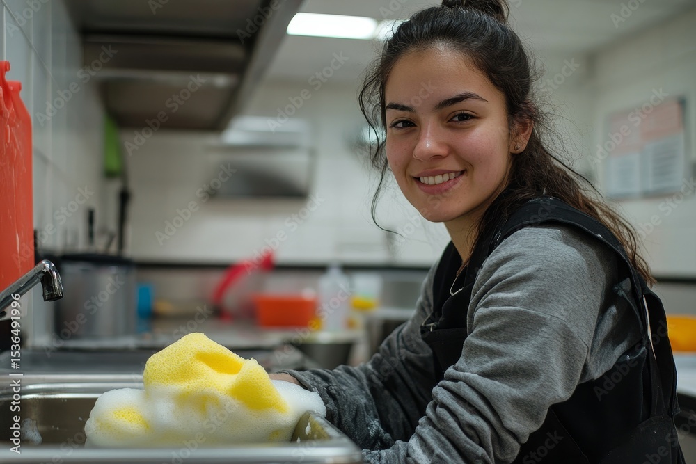 Housemaid cleaning a kitchen sink with a sponge and cleanser, ensuring ...