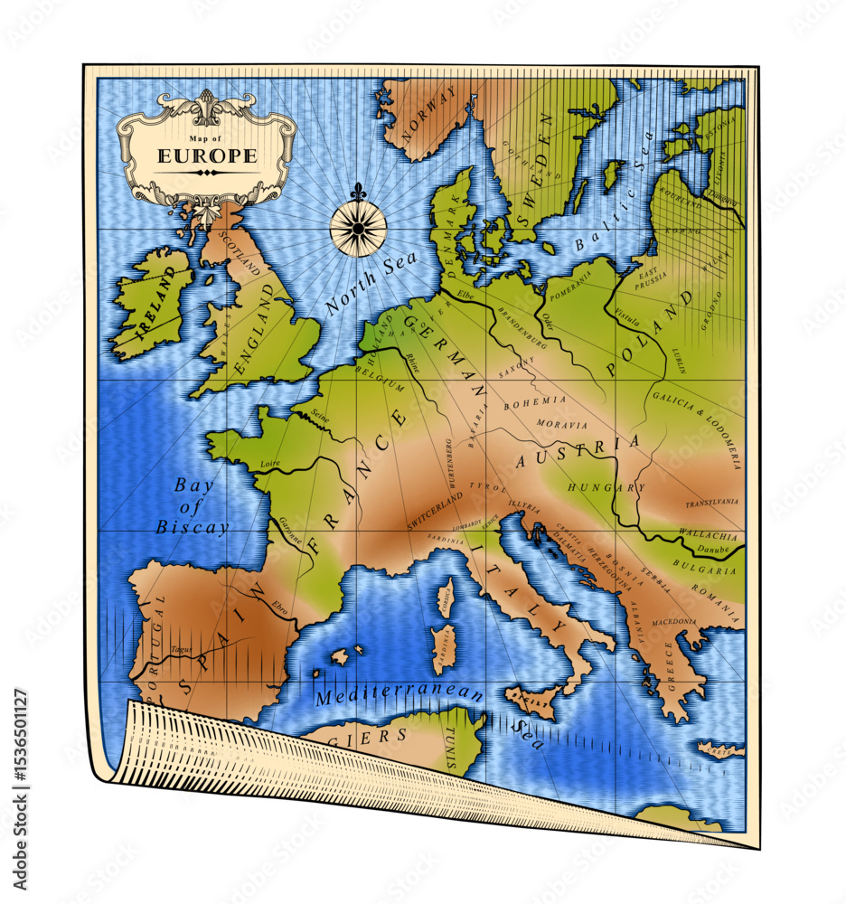 Rolled up paper sheet with old geographic map of Europe with with ...