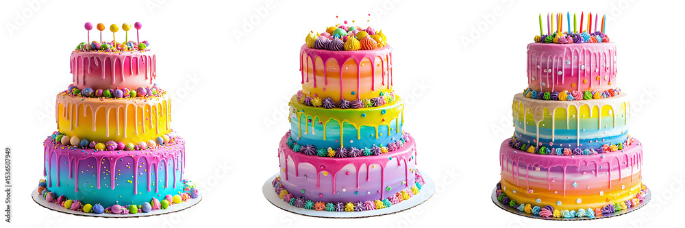 Set of multi-tiered beautiful multi-colored cream cakes isolated on ...