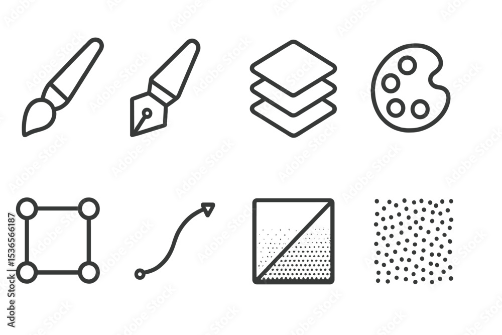 Digital Design Tools. Line style icons of digital illustration: brush ...