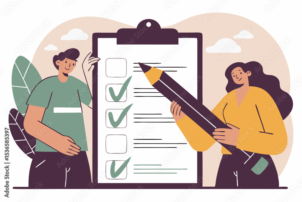 Character holding pencil and filling big checklist. Woman putting check ...