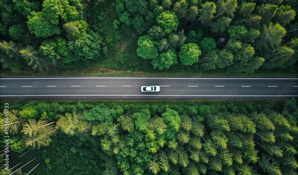 Aerial top view of electric vehicle driving on highway road in green ...