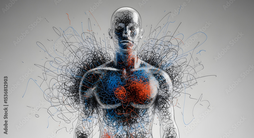 Transparent human form filled with scribbles and chaotic shapes ...