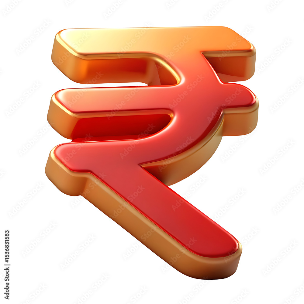 Three dimensional rendering of the Indian Rupee symbol in red and gold ...
