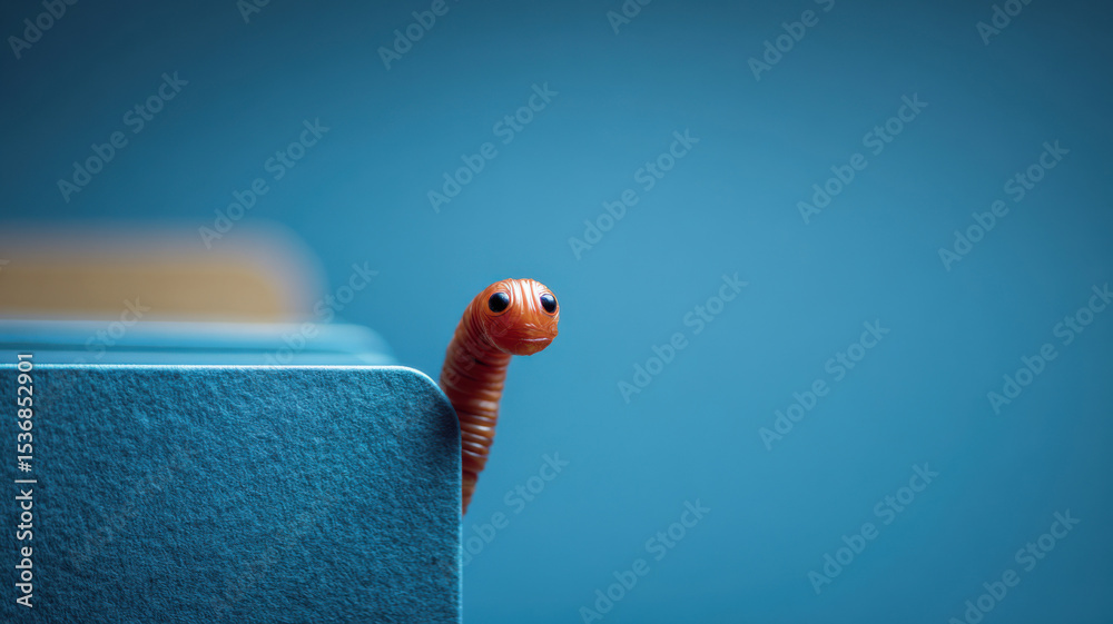 Worm emerging from closed blue file folder, symbol of hidden risks in ...