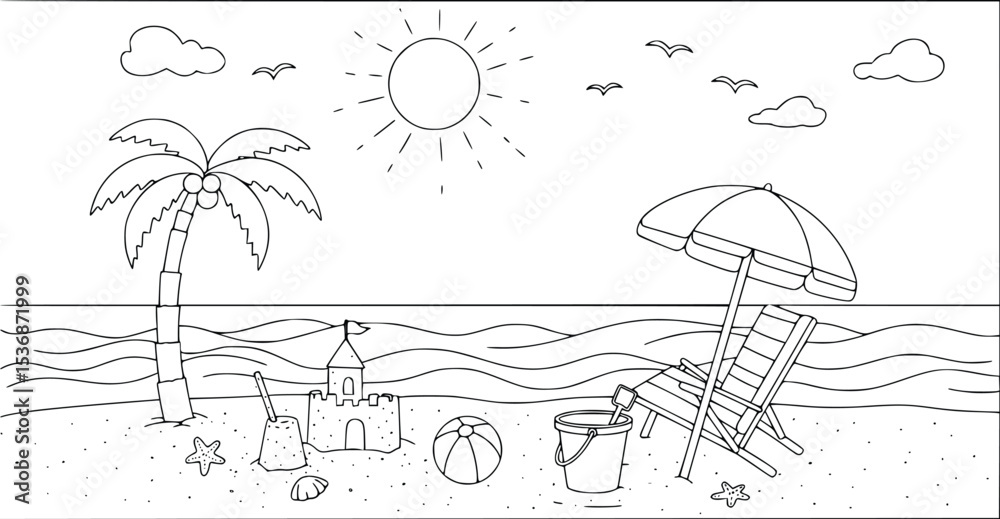MobileSummer Beach Vacation Coloring Page – Line Art Illustration with ...