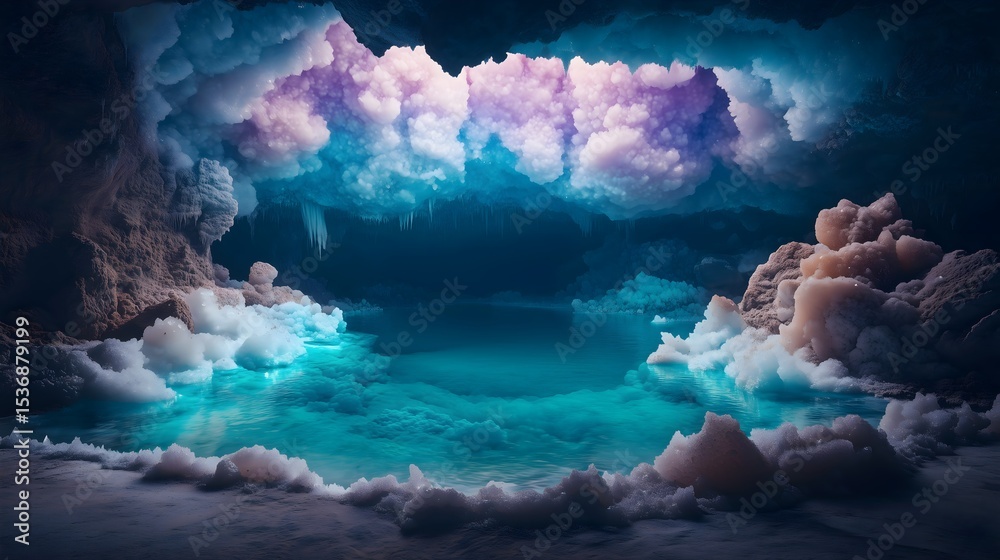 Glowing salt cave displays intricate formations and serene waters in ...