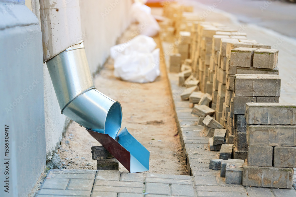 Stacked paving bricks beside open trench with downspout visible during ...