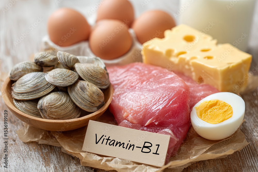 Flatlay of vitamin b12 rich foods including clams, beef liver, tuna ...