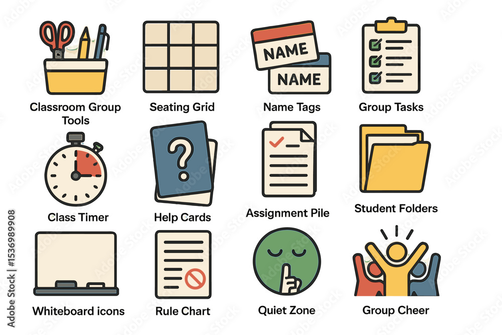 Classroom organization tools and icons for educators and students Stock ...