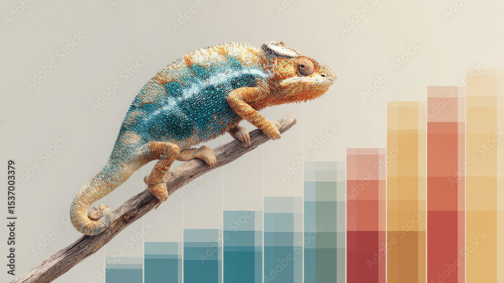 A chameleon perched on a branch, with a chart depicting business growth ...