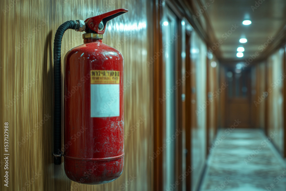 Dusty red fire extinguisher hanging on wooden wall in hotel corridor ...