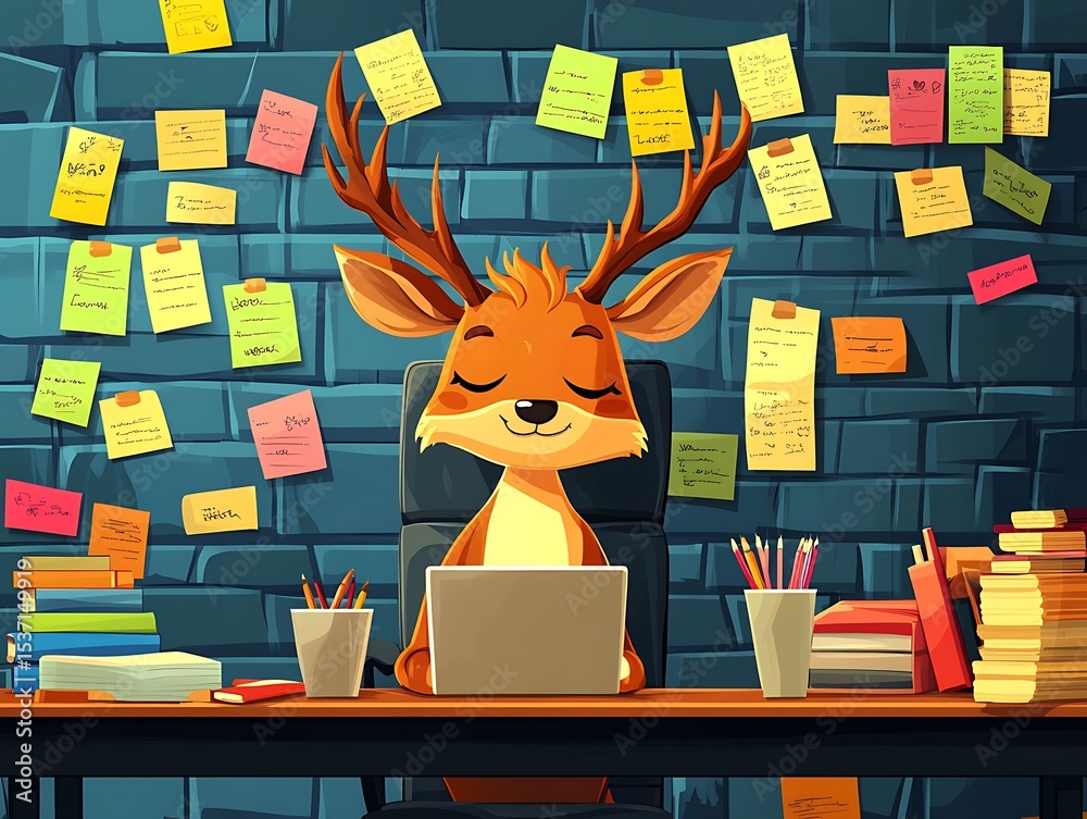 stylized cartoon deer scheduling social posts with planner boards ...