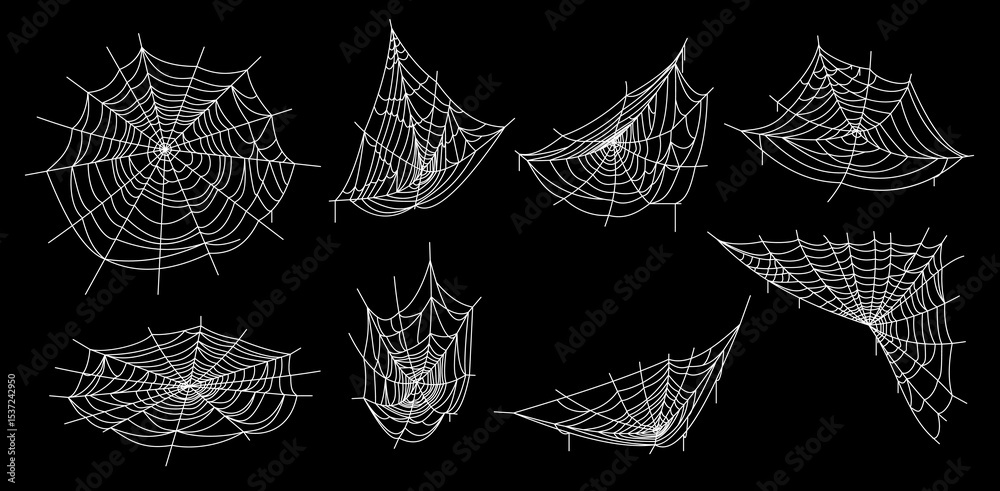 Vector illustration of multiple spider webs on a dark background ...
