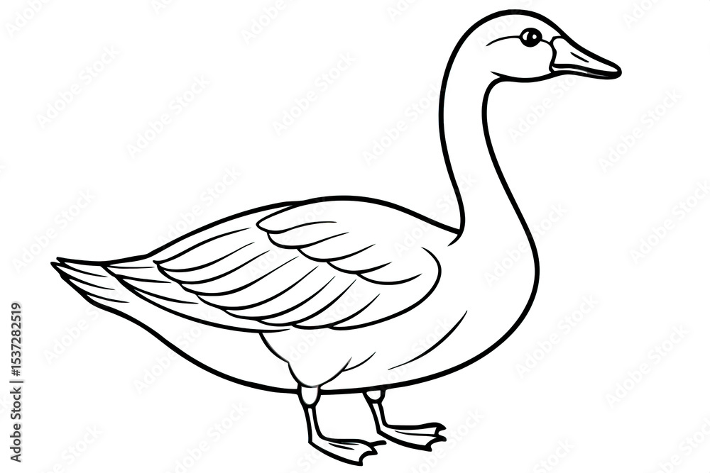 Black and white outline drawing of a long-necked goose, side view, on a ...
